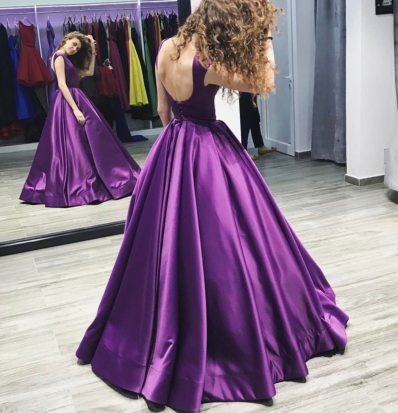 Charming Purple Satin Prom Dresses,Ball Gowns Backless Evening Dresses ...