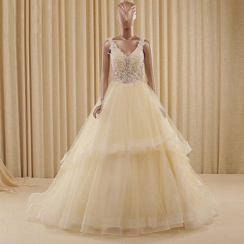 HS493 Fashion Both Shoulders V Neck Bride Beige Prom Wedding Dresses on ...